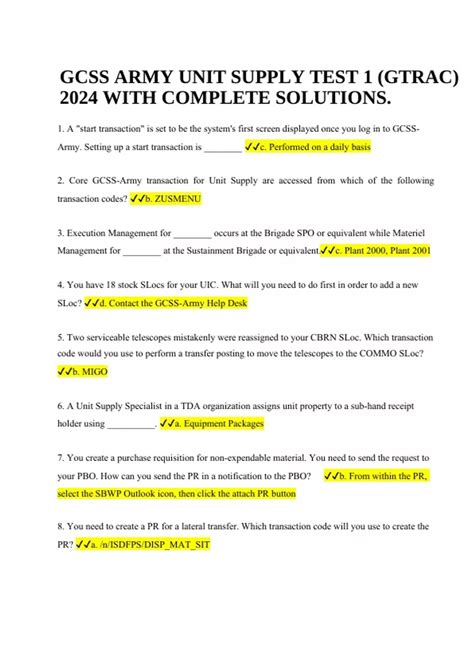 Gcss Army Unit Supply Test 1 Gtrac 2024 With Complete Solutions