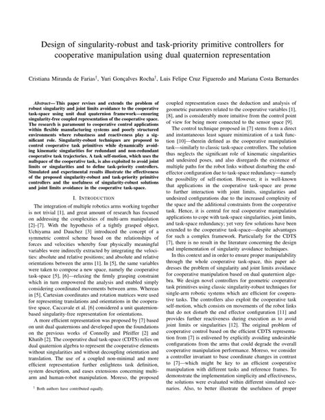 Pdf Design Of Singularity Robust And Task Priority Primitive Controllers For Cooperative