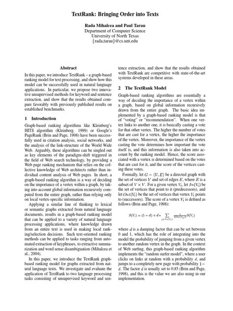 Textrank Bringing Order Into Texts Rada Mihalcea And Paul Tarau