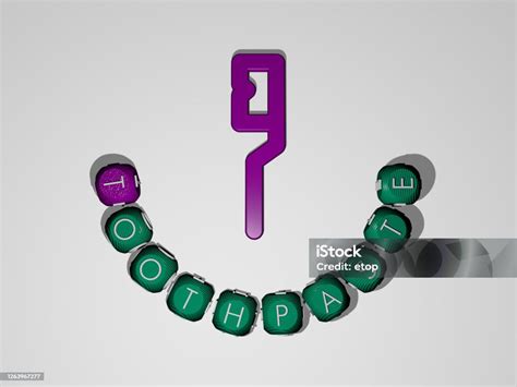 치약의 3d 그래픽 이미지는 상단 관점에서 금속 입방 문자에 의해 아이콘 주위에 내장 된 텍스트와 함께 수직으로 치약의 3d