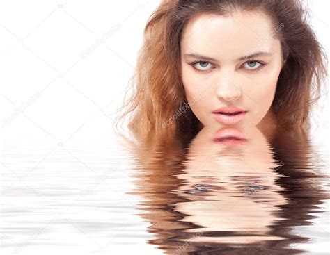 Passionate Brunette Woman Face With Reflection In The Water Stock Photo Mitrofan