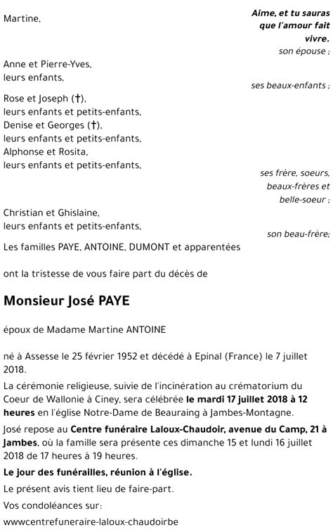 Avis De Décès De José Paye Décédé Le 07072018 à Annonce