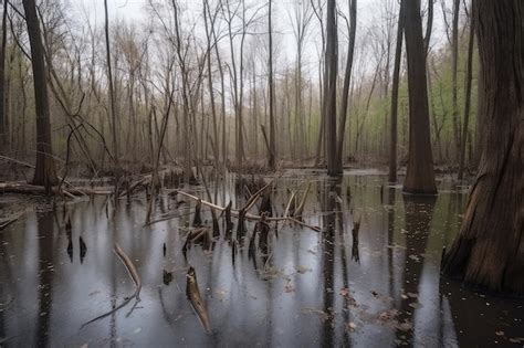 Premium AI Image Flooded Forest After Heavy Rainfall With Debris And Fallen Trees In The Water