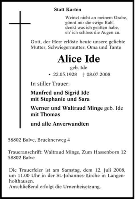 Traueranzeigen Von Alice Ide Trauer In Nrw De