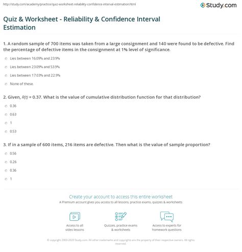 Quiz And Worksheet Reliability And Confidence Interval Estimation