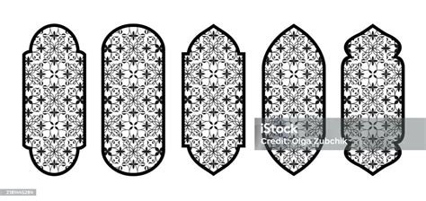 아라비아 모스크 창 흑백 아치 아라베스크 장식 모양 벽지 기하학적 모티브를 가진 오래 된 아랍 창틀 궁전 건축 요소 라마단 프레임 벡터 Eid Ul Fitr에 대한 스톡