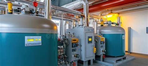 Industrial Water Heating System Supplying Hot Water In Modern Boiler Room Stock Photo Image Of
