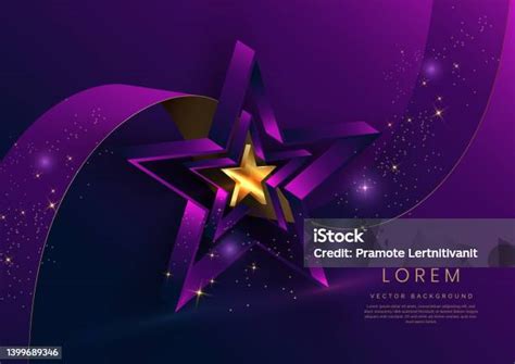 보라색과 진한 파란색 배경에 추상적인 3d 골드 곡선 리본으로 조명 효과와 텍스트를위한 복사 공간으로 반짝입니다 럭셔리 디자인 스타일 0명에 대한 스톡 벡터 아트 및 기타