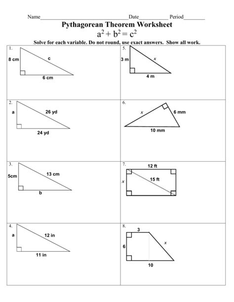 Pythagorean Theorem Worksheet Solve For Side Lengths