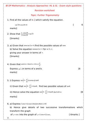 Ib Math Revision Worksheet Further Trigonometry Teaching Resources