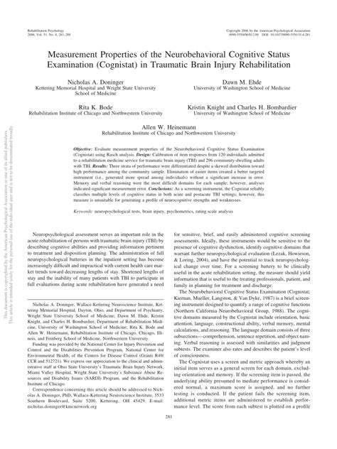 Pdf Measurement Properties Of The Neurobehavioral Cognitive Status