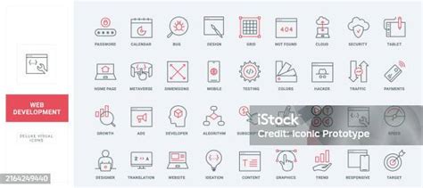 웹 개발 소프트웨어 및 프로그램 코드 설계 최적화 테스팅 라인 아이콘 세트 개발에 대한 스톡 벡터 아트 및 기타 이미지 개발
