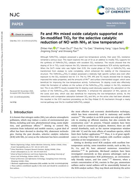 Pdf Fe And Mn Mixed Oxide Catalysts Supported On Sn Modified Tio 2