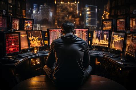 premium photo man sitting in front of multiple computer monitors