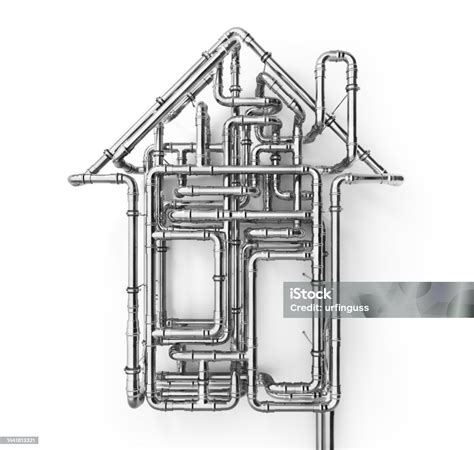 흰색 배경에 집 모양의 배관 파이프 3d 그림 3차원 형태에 대한 스톡 사진 및 기타 이미지 3차원 형태 가정 난방 배수관 Istock