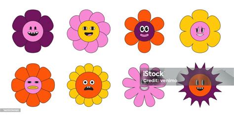 단순한 순진하고 히피족의 그루비 스타일의 벡터 일러스트레이션 웃는 얼굴 스티커 포스터 디자인 템플릿 행복한 꽃 프린트가 있는 꽃과 식물 과일에 대한 스톡 벡터 아트 및 기타