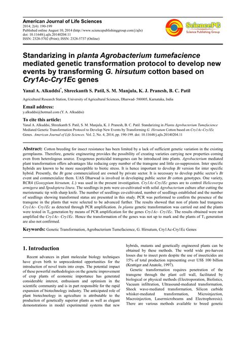 Pdf Standarizing In Planta Agrobacterium Tumefacience Mediated Genetic Transformation Protocol