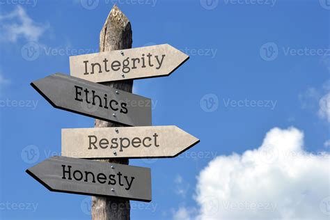 Integrity Ethics Respect Honesty Wooden Signpost With Four Arrows