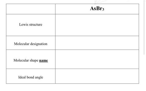 Get Answer Asbr3 Lewis Structure Molecular Designation Molecular Shape Name Transtutors