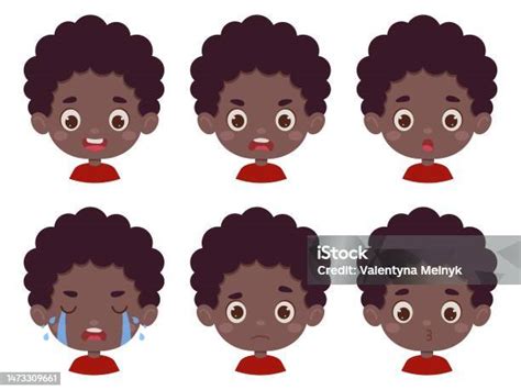 귀여운 만화 어린 아이 아프리카 소년은 다양한 표정과 몸짓을 하고 있다 다른 감정을 보여주는 만화 어린이 캐릭터 벡터 그림 감정에 대한 스톡 벡터 아트 및 기타 이미지