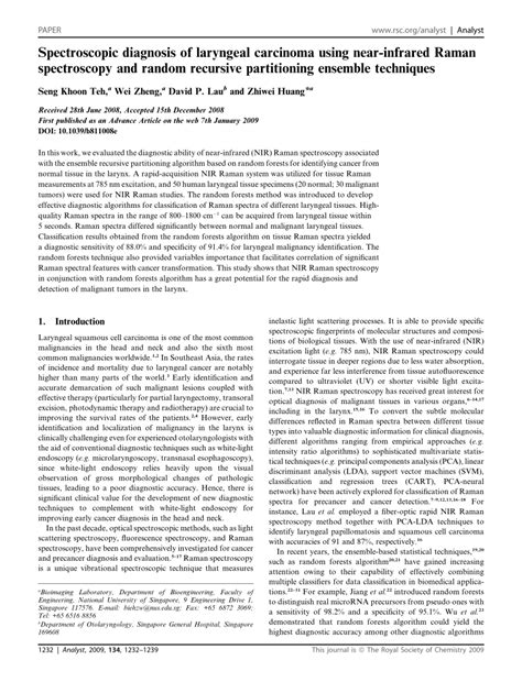 Pdf Spectroscopic Diagnosis Of Laryngeal Carcinoma Using Near Infrared Raman Spectroscopy And