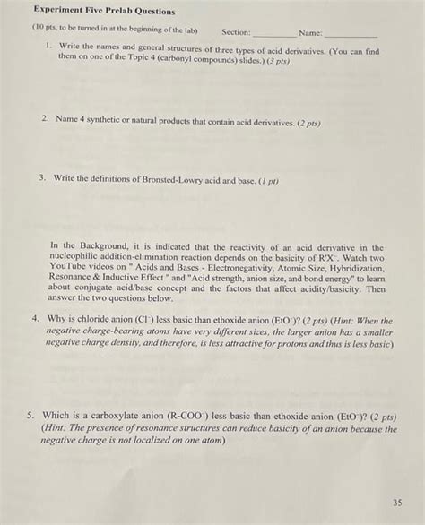 solved experiment five prelab questions 10 pts to be