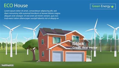 지붕에 태양 전지판이 있는 에코 하우스의 평면 스타일의 그림 녹색 풍경에 풍력 터빈이 있는 풍력 풍력 에코 에너지 산업 개념 청정 에너지 0명에 대한 스톡 벡터 아트 및