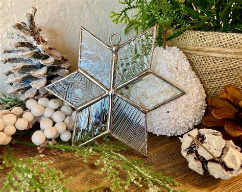 Stained Glass Snowflake Ornament Suncatcher Mirror Dangle Clear Textured Timeless And