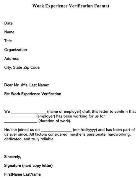 Sample Work Experience Verification Letters