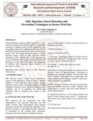 SQL Injection Attack Detection and Prevention Techniques to Secure Web-Site | PDF