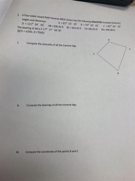 solved a four sided closed field traverse abcd shown has the