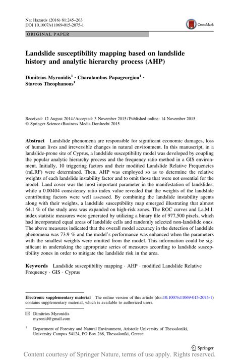 Landslide Susceptibility Mapping Based On Landslide History And Analytic Hierarchy Process Ahp
