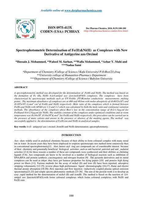 Ppt Spectrophotometric Determination Of Fe Ii Andni Ii As Complexes With New Derivative Of