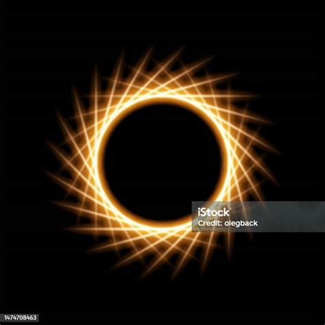 금빛 불타는 섬광이 가장자리 벡터 그림에 번쩍이는 일식 반짝임과 에너지 플레어가 있는 태양 행성 또는 별의 추상 황금 원 프레임 빛나는 코로나의 글로우 조명 효과가 있는