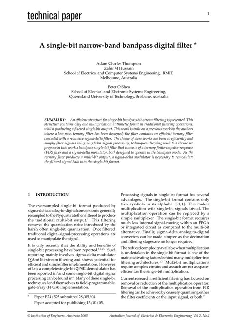 Pdf A Single Bit Narrow Band Bandpass Digital Filter