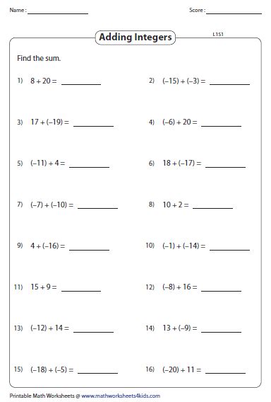 Addition Of Integers Examples With Answers