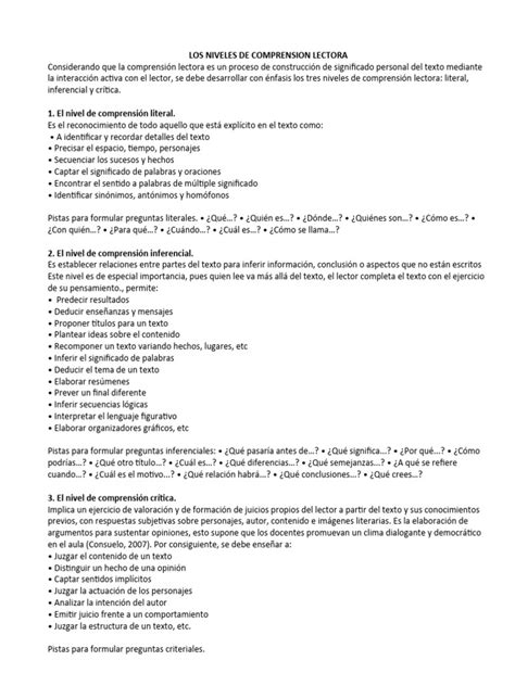 Niveles De Comprension Lectora Pdf Comprensión Lectora Cognición