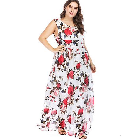 Plus Size Summer Chiffon A Line Sleeveless Floral Maxi Casual