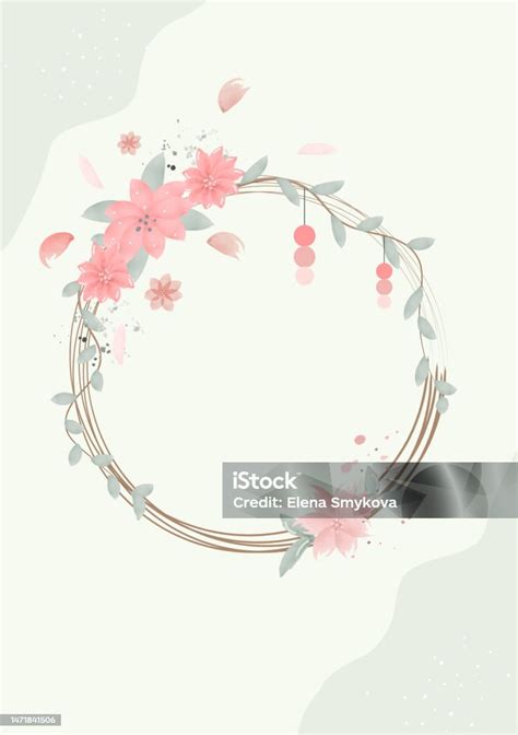 수채화 브러시로 칠해진 꽃과 잎의 둥근 프레임 텍스트 공간이 있는 엽서 베이스 0명에 대한 스톡 벡터 아트 및 기타 이미지