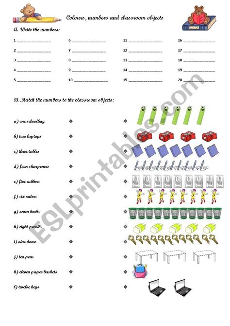 Colours Numbers And Classroom Objects Esl Worksheet By Hasselhof