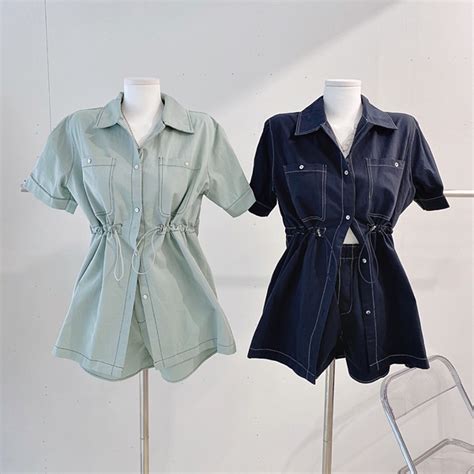 이프유마인 세트가격페미닌 여름 스티치 스트링 셔츠 반팔 자켓 밴딩 반바지 숏팬츠 투피스 세트 셋업 2color