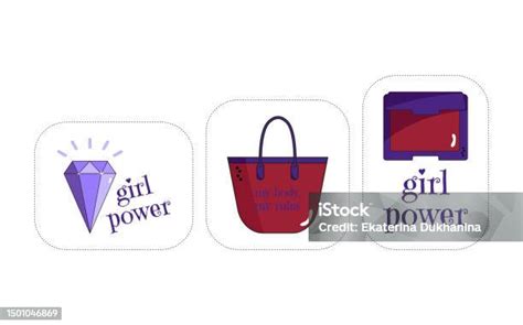 벡터 페미니스트 스티커 세트 영감을 주는 따옴표가 있는 페미니스트 상징의 만화 아이콘 여성 권한 부여 자기 수용 및 양성 평등에 대한 트렌디한 비문 세트 0명에 대한 스톡