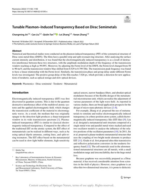 Tunable Plasmon Induced Transparency Based On Dirac Semimetals Request Pdf