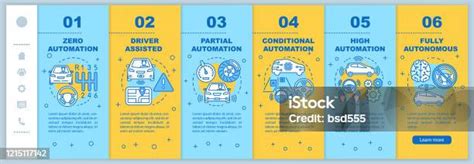 무인 자동차 단계 온보딩 모바일 웹 페이지 벡터 템플릿 선형 일러스트와 응답 스마트 폰 웹 사이트 인터페이스 아이디어 웹 페이지 연습 단계 화면입니다 색상 컨셉 6에 대한