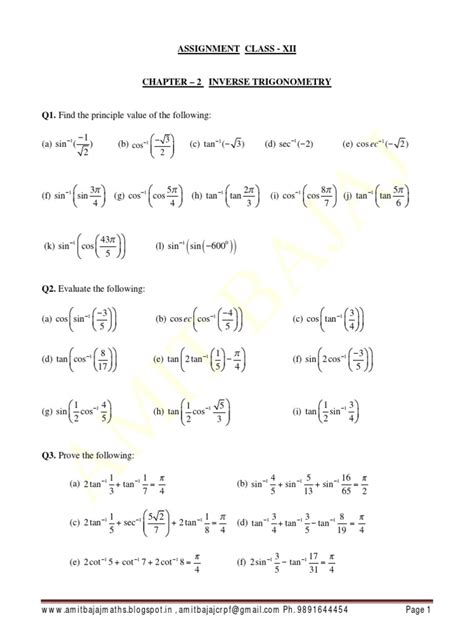 Class Xii Assignment Inverse Trigonometry Pdf Trigonometric