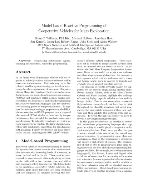 Pdf Model Based Reactive Programming Of Cooperative Vehicles For Mars Exploration