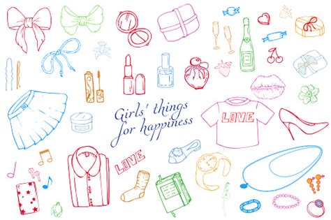 여자 물건과 손으로 그린 템플릿 패션 일러스트 레이 션의 집합입니다 여성 의류 보석 화장품 선물 및 로맨스의 집합입니다 아름 다운 것 들의 실제 벡터 드로잉입니다 어린