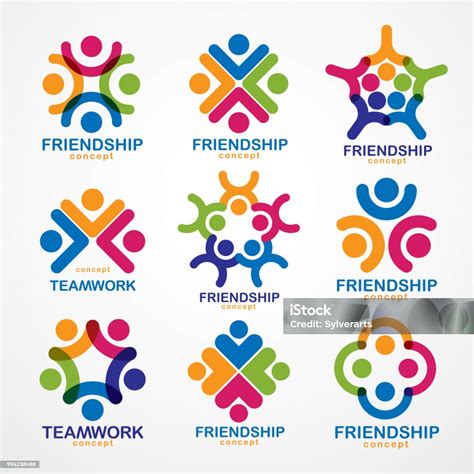 팀웍과 우정 개념 사람들이 승무원으로 간단한 기하학적 인 요소를 사용 하 여 만든 벡터 아이콘 설정합니다 화합과 협력 아이디어 비즈니스 사람들이 다채로운 디자인의 팀을 꿈