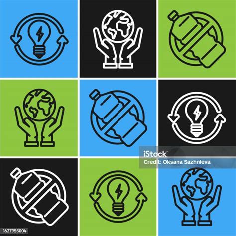 번개 기호가 있는 라인 재활용 및 전구 설정 플라스틱 병 없음 및 지구 지구 아이콘을 들고 있는 인간의 손 벡터 개념에 대한 스톡 벡터 아트 및 기타 이미지 Istock