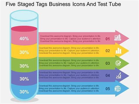 Five Staged Tags Business Icons And Test Tube Flat Powerpoint Design PowerPoint Presentation